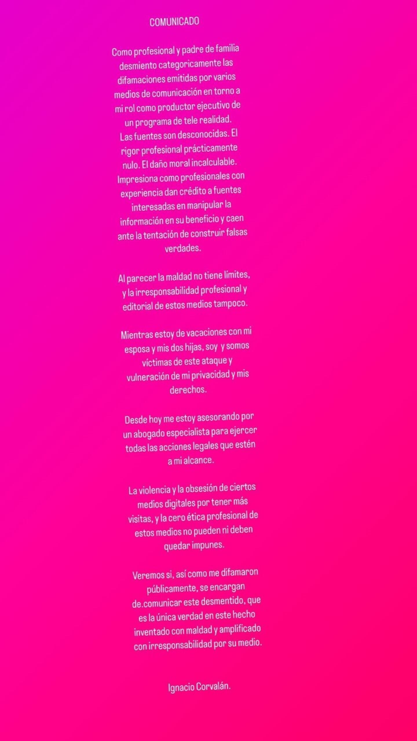 “No deben quedar impunes”: Ignacio Corvalán aclara supuesto romance con ...